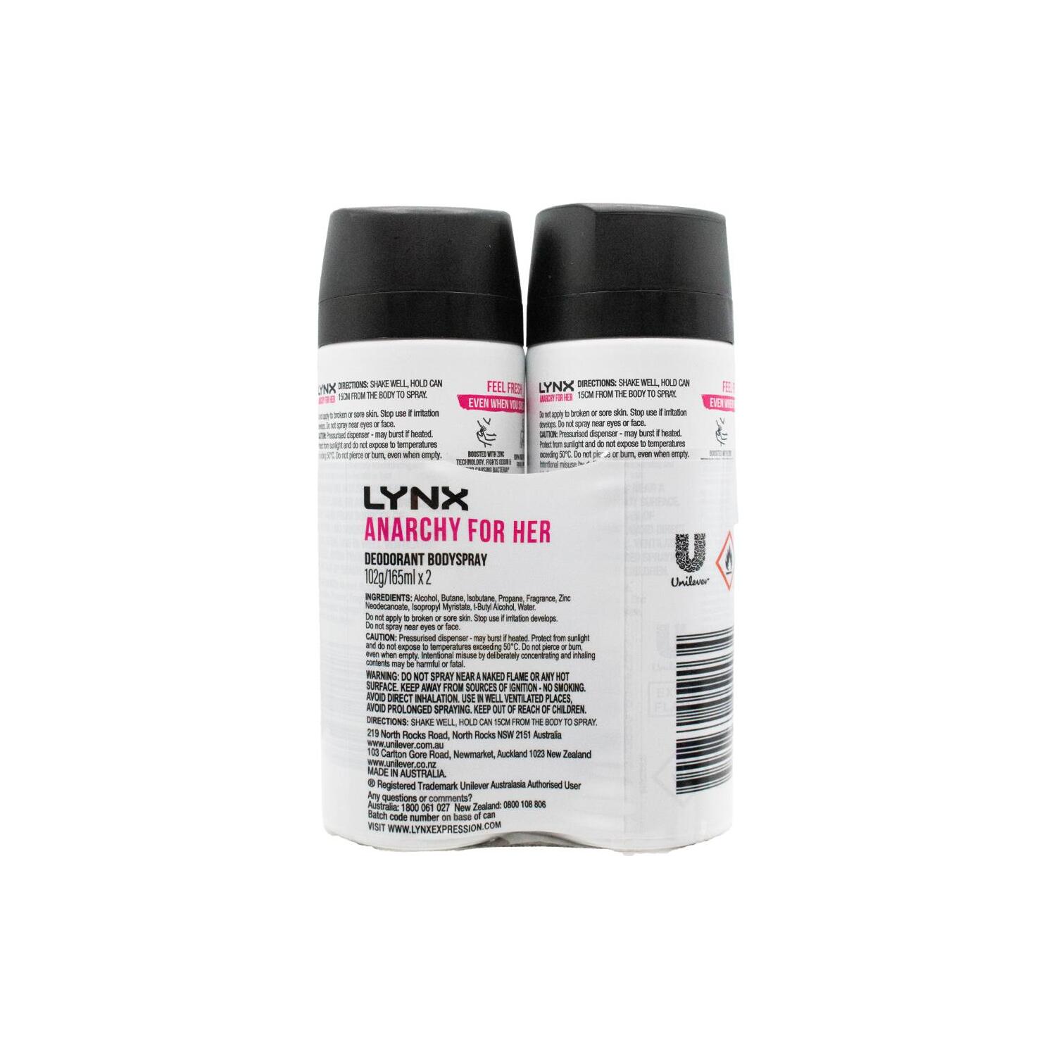 Lynx Pk2x 102g / 165ml Deodorant Body Spray 100% Fresh Fragrance 48h Odour Protection Anarchy ...