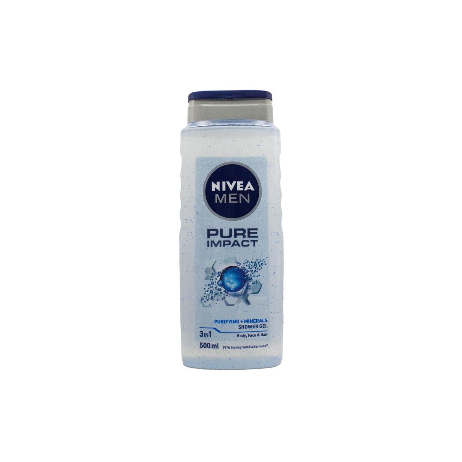 Nivea 500ml Shower Gel Mens Pure Impact 3 In 1 Body Face And Hair ...